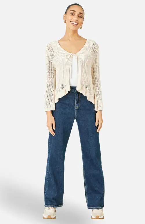 YUMI Tie Front Pointelle Cardigan - Beige