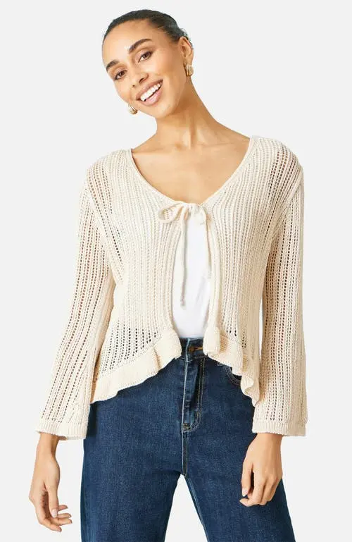 YUMI Tie Front Pointelle Cardigan - Beige