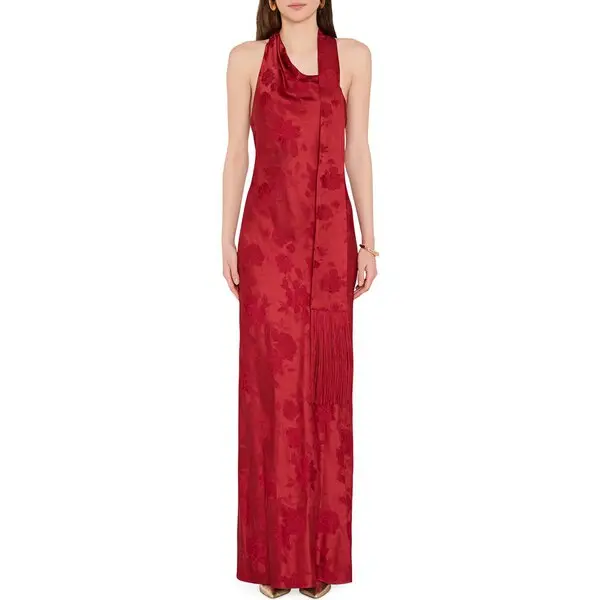Amanda Uprichard Sonya Scarf Fringe Sleeveless Gown - Rust