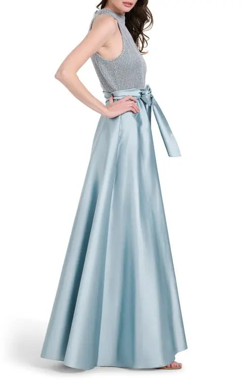 EMILY SHALANT Beaded Mock Neck Sleeveless Taffeta Gown - Light Blue