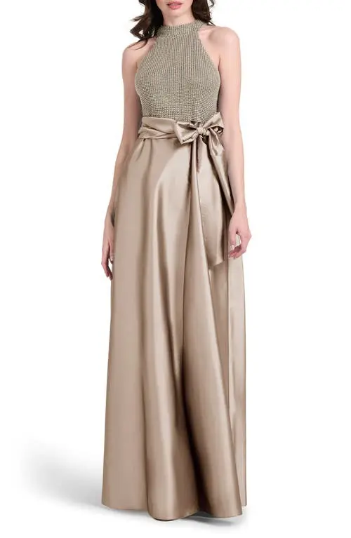 EMILY SHALANT Beaded Mock Neck Sleeveless Taffeta Gown - Silver