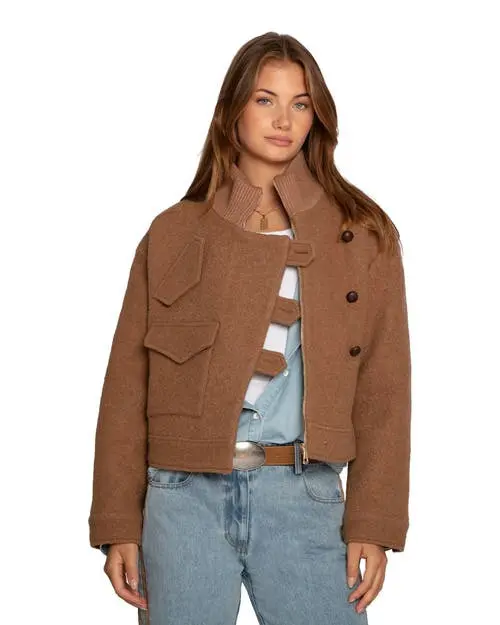 BELLE & BLOOM Crystal Skies Cropped Wool Rib Jacket - Brown