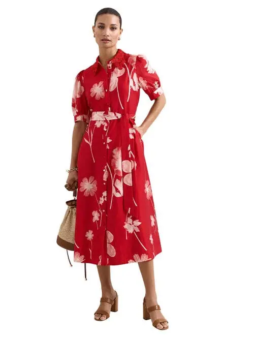PHASE EIGHT Petite Delphine Belted Midi Shirt Dress - Red