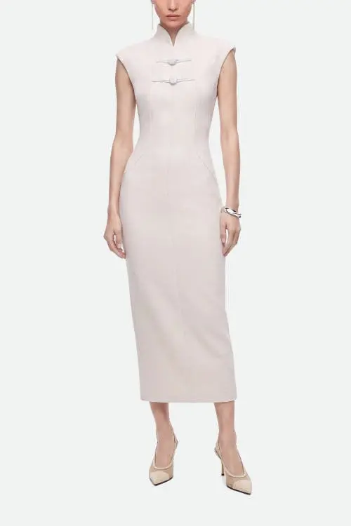 NOCTURNE Sleeveless Padded Shoulder Button Detail Maxi Dress - Ivory