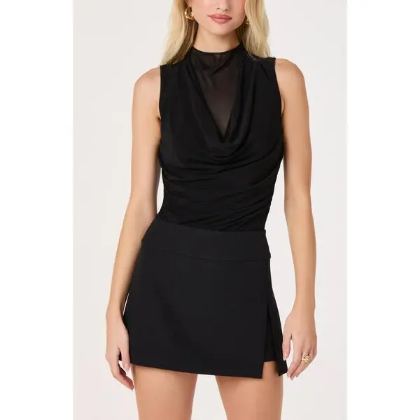 Astr The Label Shaina Cowl Neck Mesh Inset Top - Black