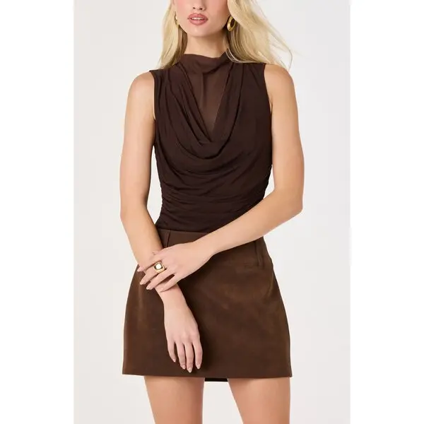 Astr The Label Shaina Cowl Neck Mesh Inset Top - Brown