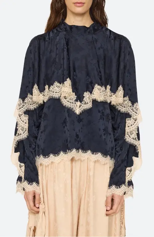 Sea Shay Floral Jacquard Lace Top - Navy