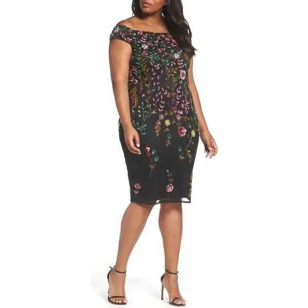 Adrianna Papell Embellished Off The Shoulder Sheath Dress - Black Multi