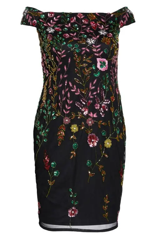 Adrianna Papell Embellished Off The Shoulder Sheath Dress