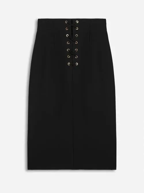 NOCTURNE Eyelet Detail High Waist Midi Skirt - Black