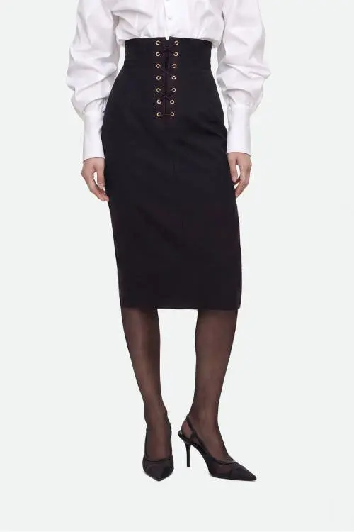 NOCTURNE Eyelet Detail High Waist Midi Skirt - Black