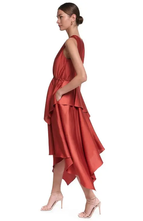 Halston Sleeveless Satin Midi Dress With Layered Skirt - Cognac