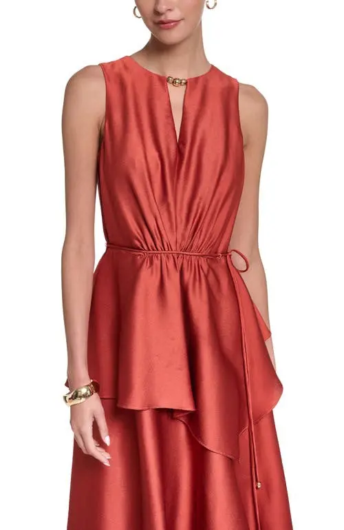 Halston Sleeveless Satin Midi Dress With Layered Skirt - Cognac