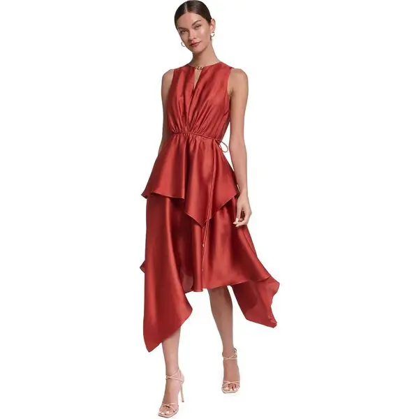 Halston Sleeveless Satin Tiered Midi Dress - Cognac