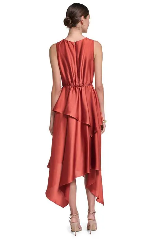 Halston Sleeveless Satin Tiered Midi Dress - Cognac