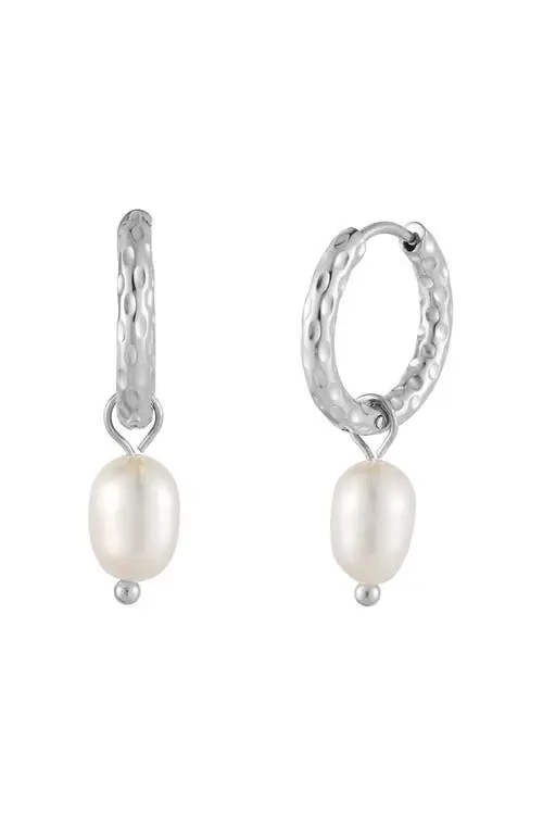 ATOLEA Hammered Pearl Hoop Earrings - Silver