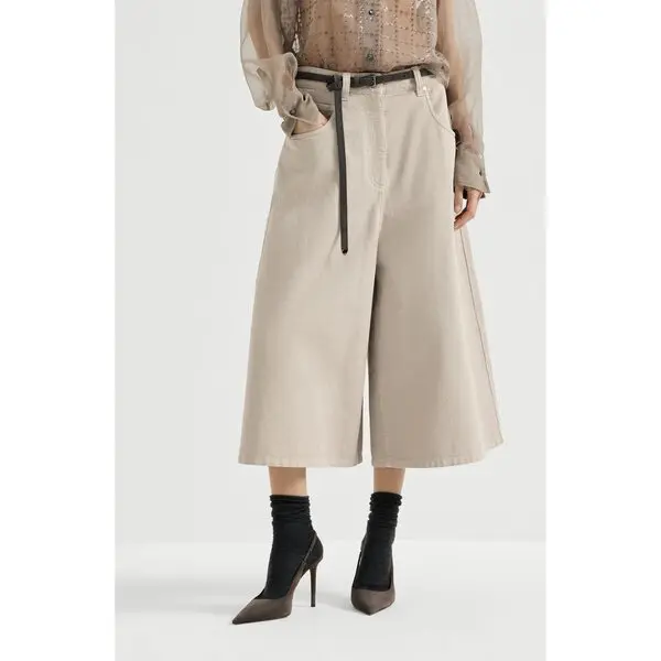 Brunello Cucinelli Dyed Denim Wide Cropped Trousers With Monili