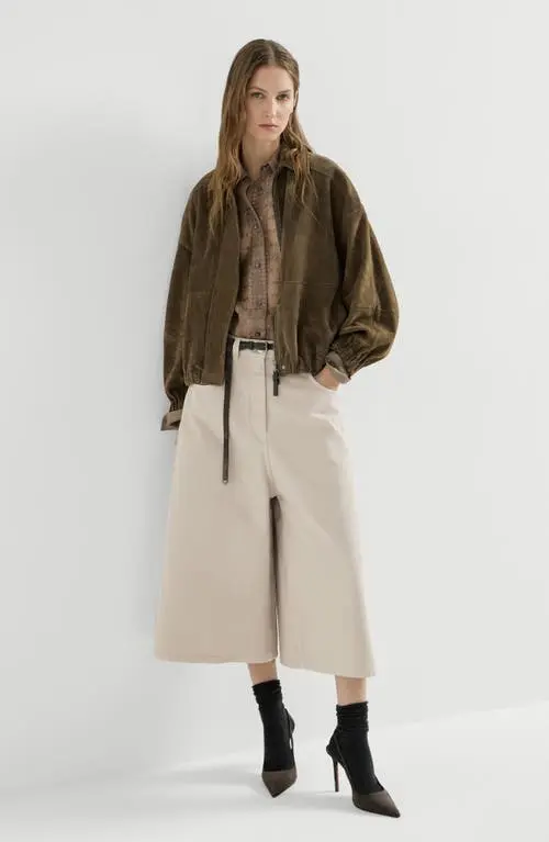 Brunello Cucinelli Dyed Denim Wide Cropped Trousers With Monili
