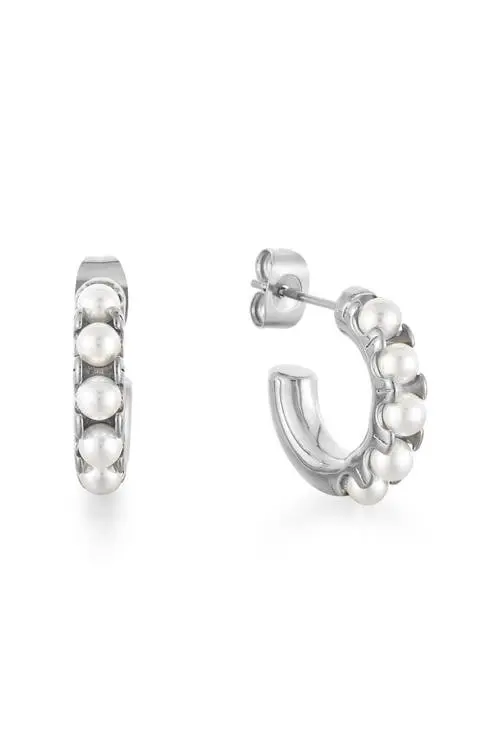 ATOLEA Mini Pearl Huggie Earrings In 18k -plated Stainless Steel - Silver