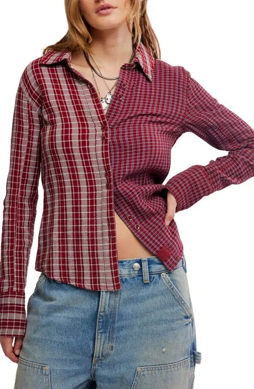 Free People Benny Slim Plaid Cotton Shirt - Rusty Red Combo