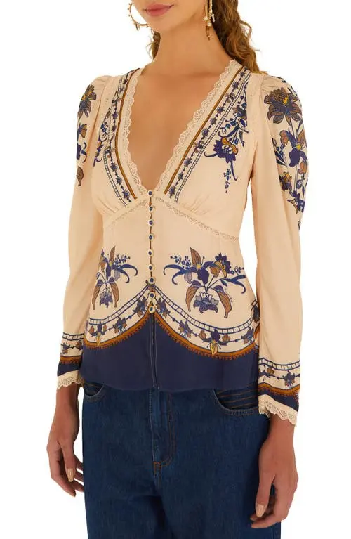 Farm Rio Liz Lace Trim Print Top - Beige