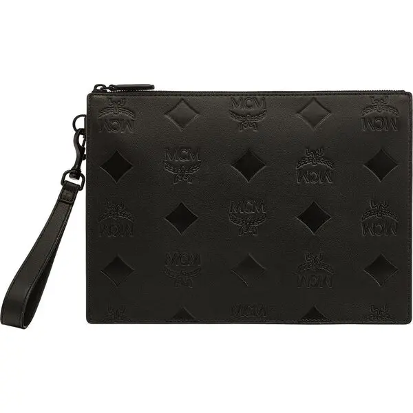 Mcm Maxi Aren Embossed Leather Wristlet Pouch - Black