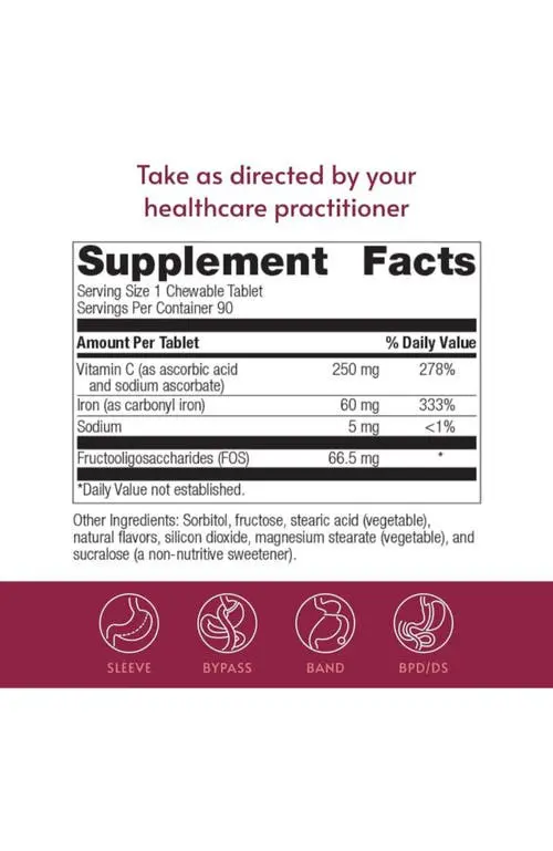 BARIATRIC ADVANTAGE Chewable Iron 60 Mg With Vitamin C Supplement Lemon Lime 90 Count