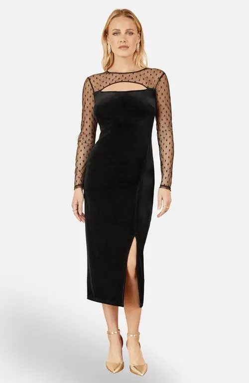 YUMI Velvet With Slash Neckline Midi Dress - Black