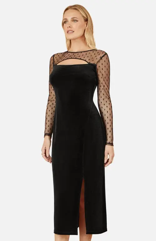 YUMI Velvet Slash Neck Midi Dress With Sheer Sleeves
