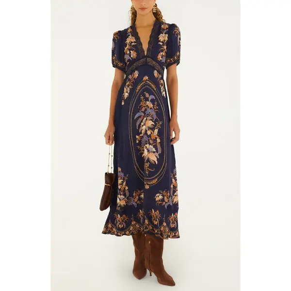 Farm Rio Lara Print Lace Trim Maxi Dress - Blue