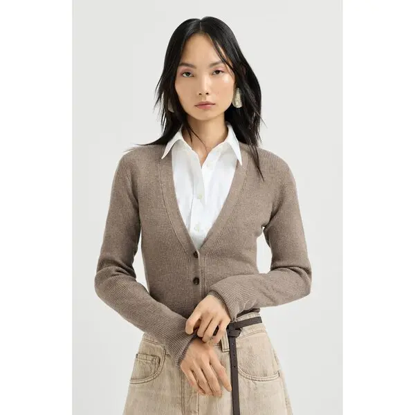 Brunello Cucinelli Sparkling Cashmere Lightweight Ribbed Cardigan - Rope