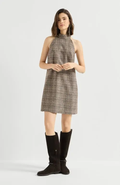 Brunello Cucinelli Checked Alpaca And Wool Dress With Monili - Brown