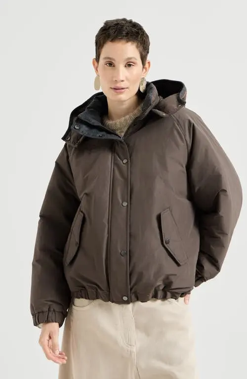 Brunello Cucinelli Techno Cotton Taffeta Puffer Jacket With Detachable Knit Hood - Brown