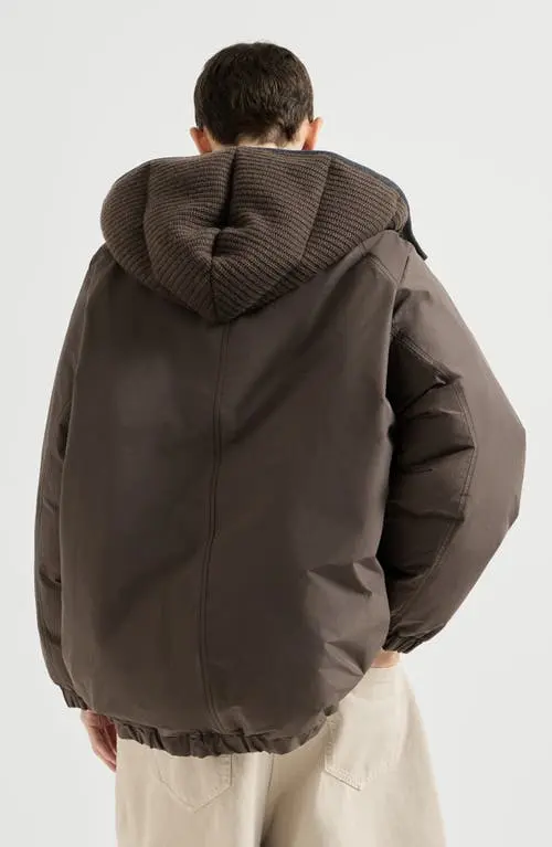 Brunello Cucinelli Techno Cotton Taffeta Puffer Jacket With Detachable Knit Hood - Brown