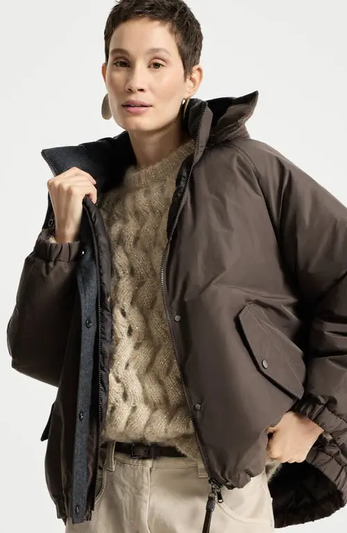 Brunello Cucinelli Techno Cotton Taffeta Puffer Jacket With Detachable Knit Hood - Brown