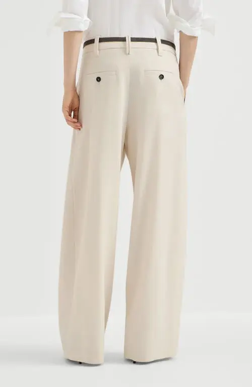 Brunello Cucinelli Virgin Wool Gabardine Pleated Barrel Trousers With Monili - Milk