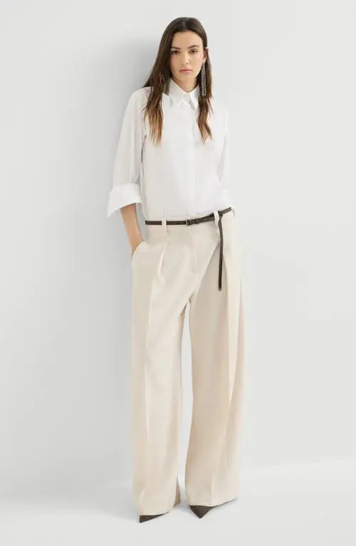Brunello Cucinelli Virgin Wool Gabardine Pleated Barrel Trousers With Monili - Milk