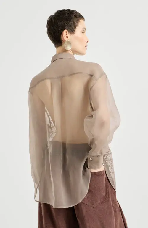 Brunello Cucinelli Crispy Silk Shirt With Dazzling Windowpane Embroidery