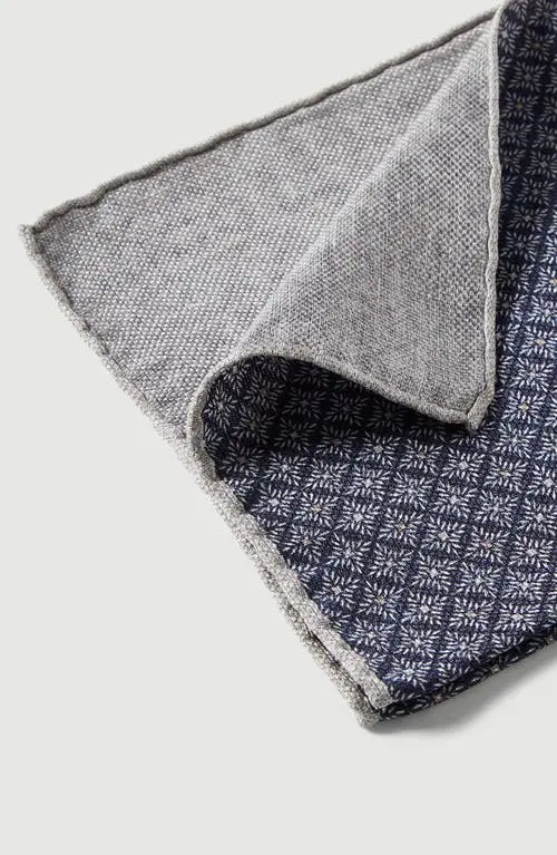Brunello Cucinelli Linen And Silk Pocket Square With Geometric Pattern - Navy Blue