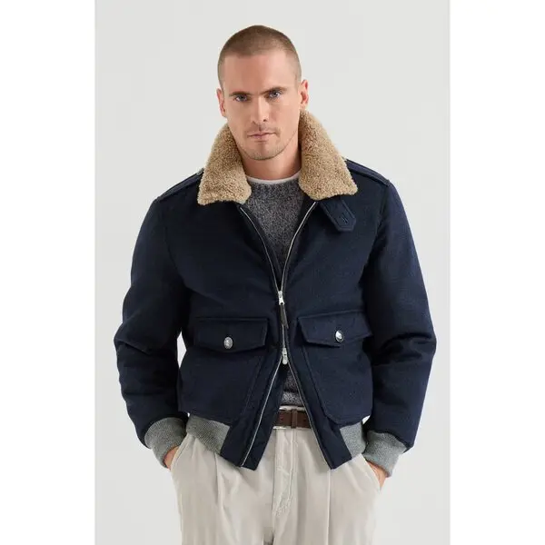 Brunello Cucinelli Bonded Cashmere Beaver Cloth Bomber Jacket With Thermore® Padding And Detachable Shearling Collar - Blue