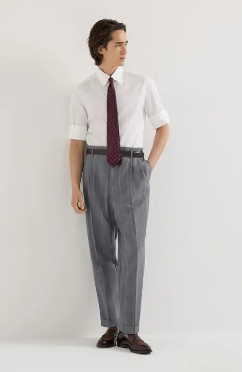 Brunello Cucinelli Virgin Wool Chalk Stripe Trousers With Double Pleats - Medium Grey