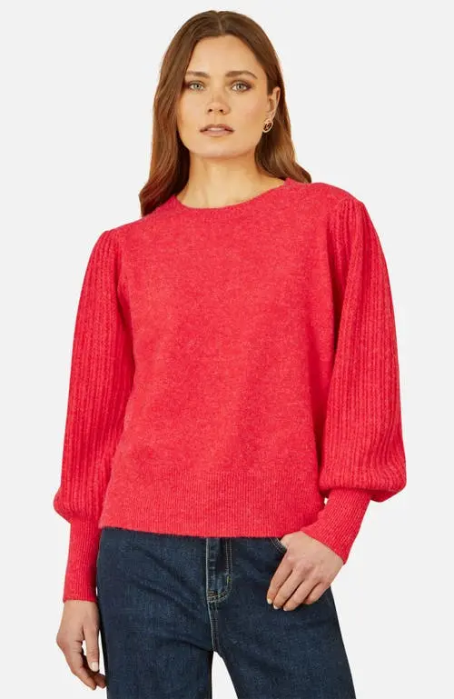 YUMI Knitted Balloon Sleeve Textu Jumper - Red