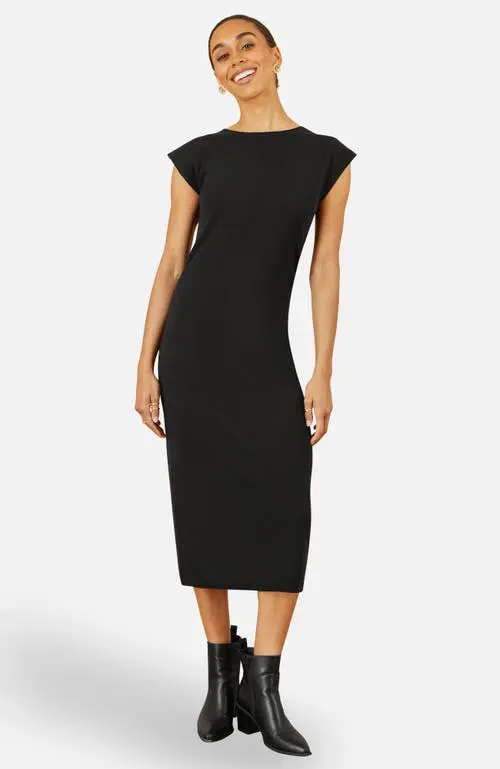 YUMI Knitted Ruched Midi Dress - Black