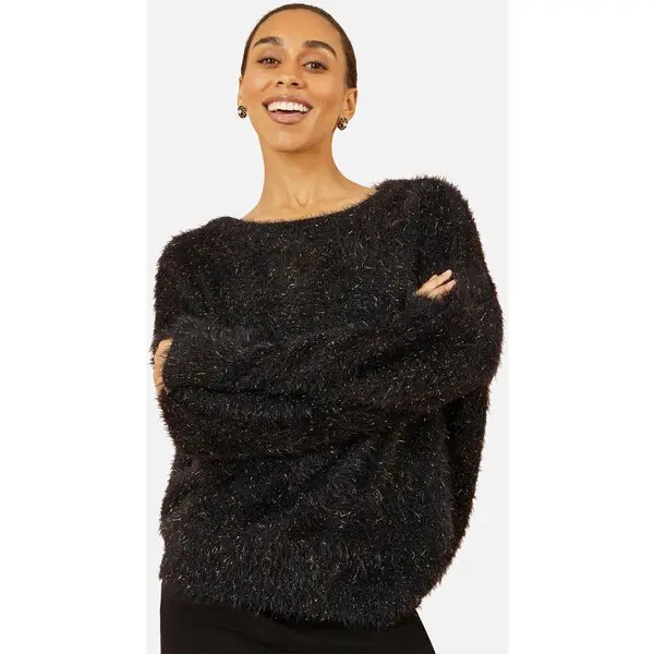 YUMI Metallic Fluffy Eyelash Relaxed Jumper - Black