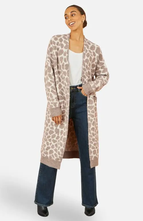 YUMI Animal Print Intarsia Long Cardigan - Beige