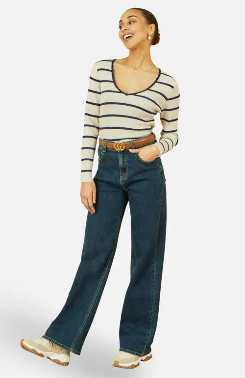 YUMI Metallic Stripe Knitted Ribbed V-neck Top