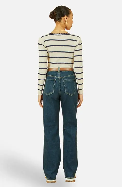 YUMI Metallic Stripe Knitted Ribbed V-neck Top
