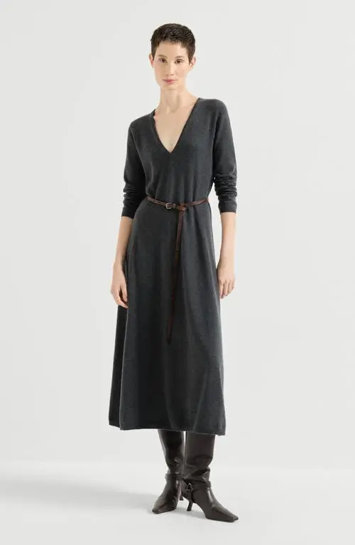 Brunello Cucinelli Cashmere Knit Dress With Belt And Monili - Lead