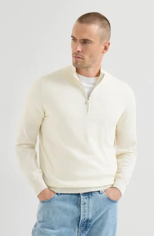 Brunello Cucinelli Sea Island Cotton And Cashmere Lightweight Sweater With Half Zip - Panama