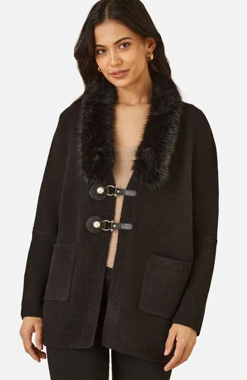 YUMI Detachable Fur Collar Trim Cardigan - Black